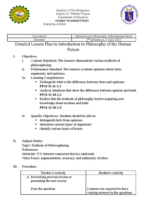 Detailed Lesson Plan In Introduction to Philosophy of the Human Person ...