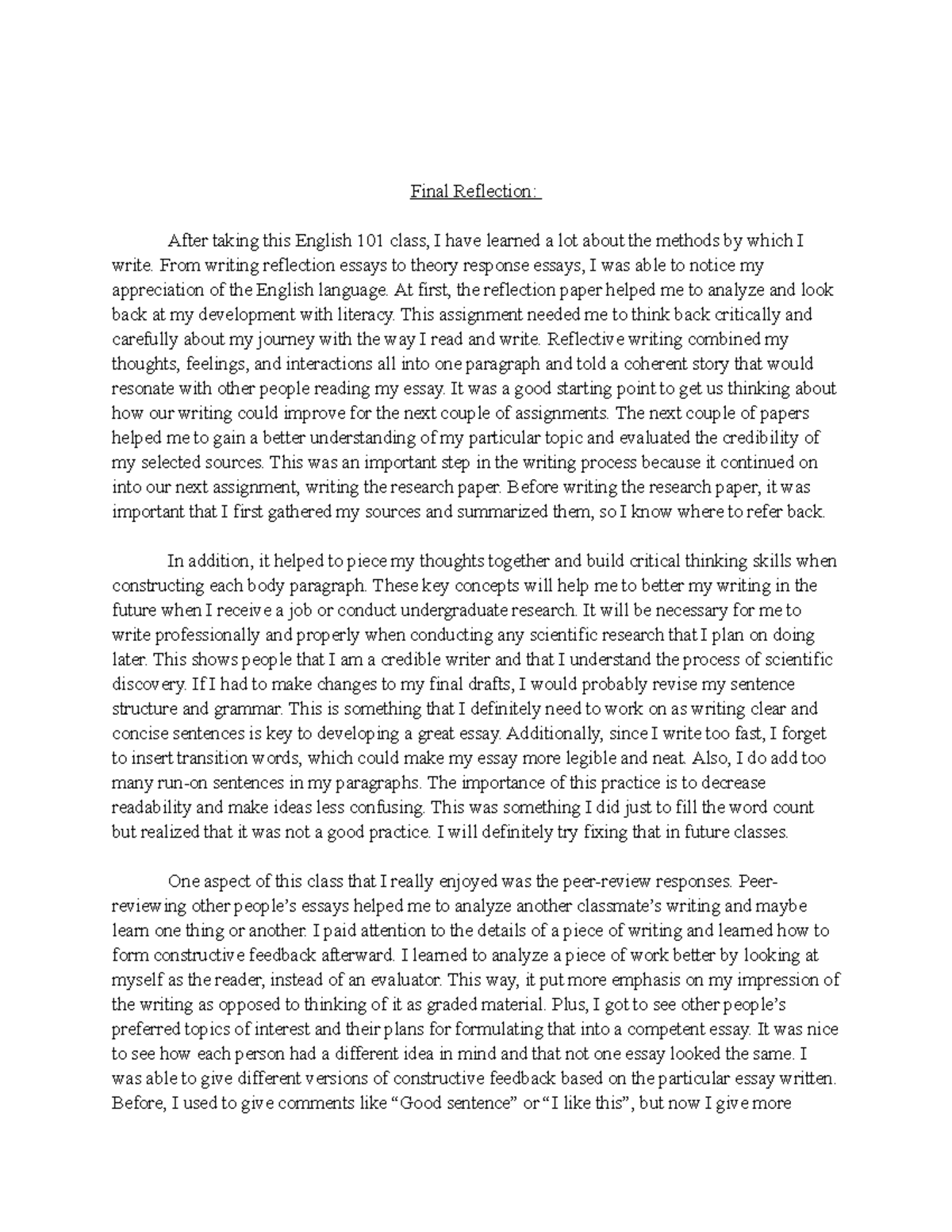 English 101 Reflection Final Final Reflection After Taking This 
