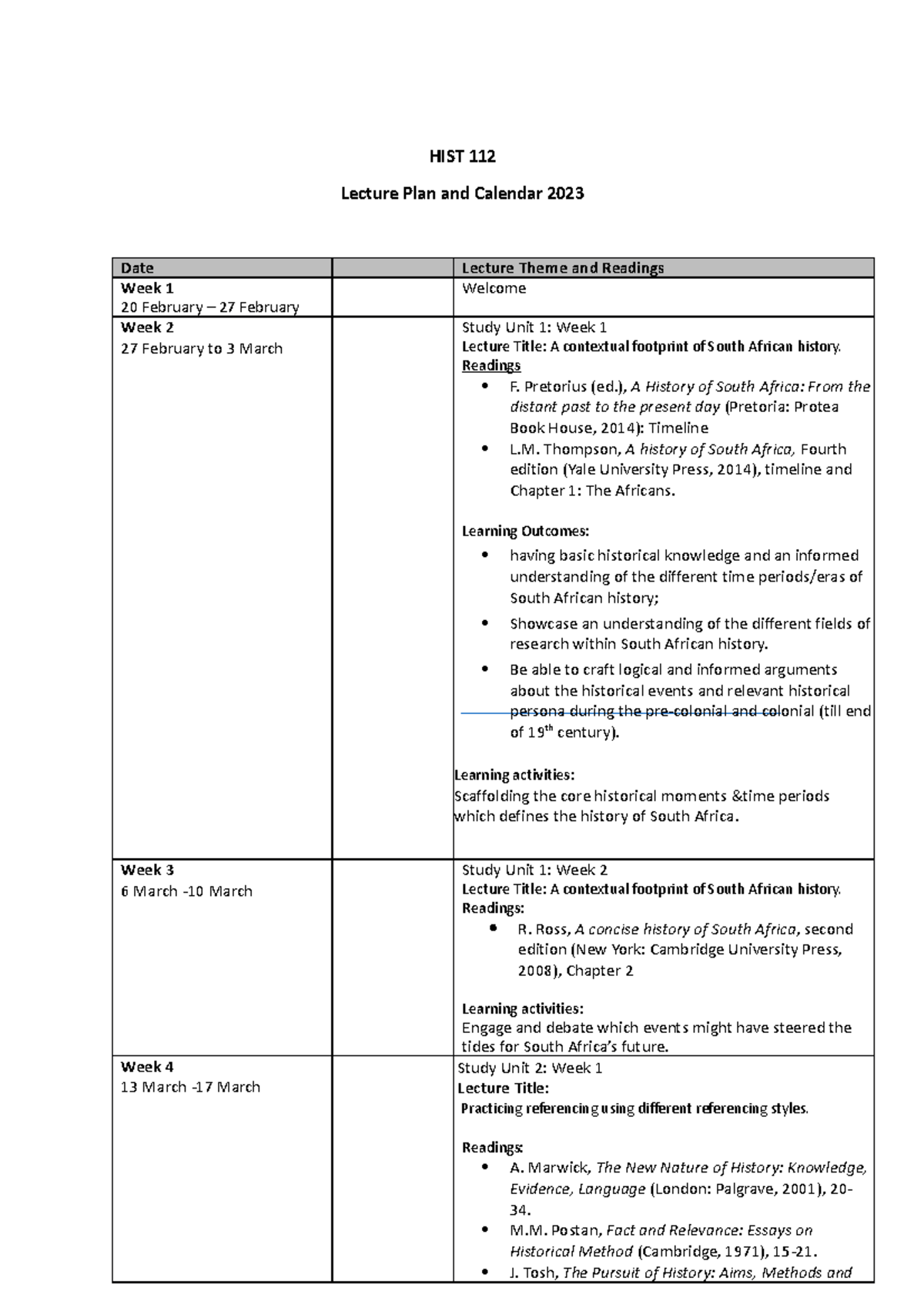 HIST 112 Lecture Plan - GOOD - HIST 112 Lecture Plan and Calendar 2023 ...