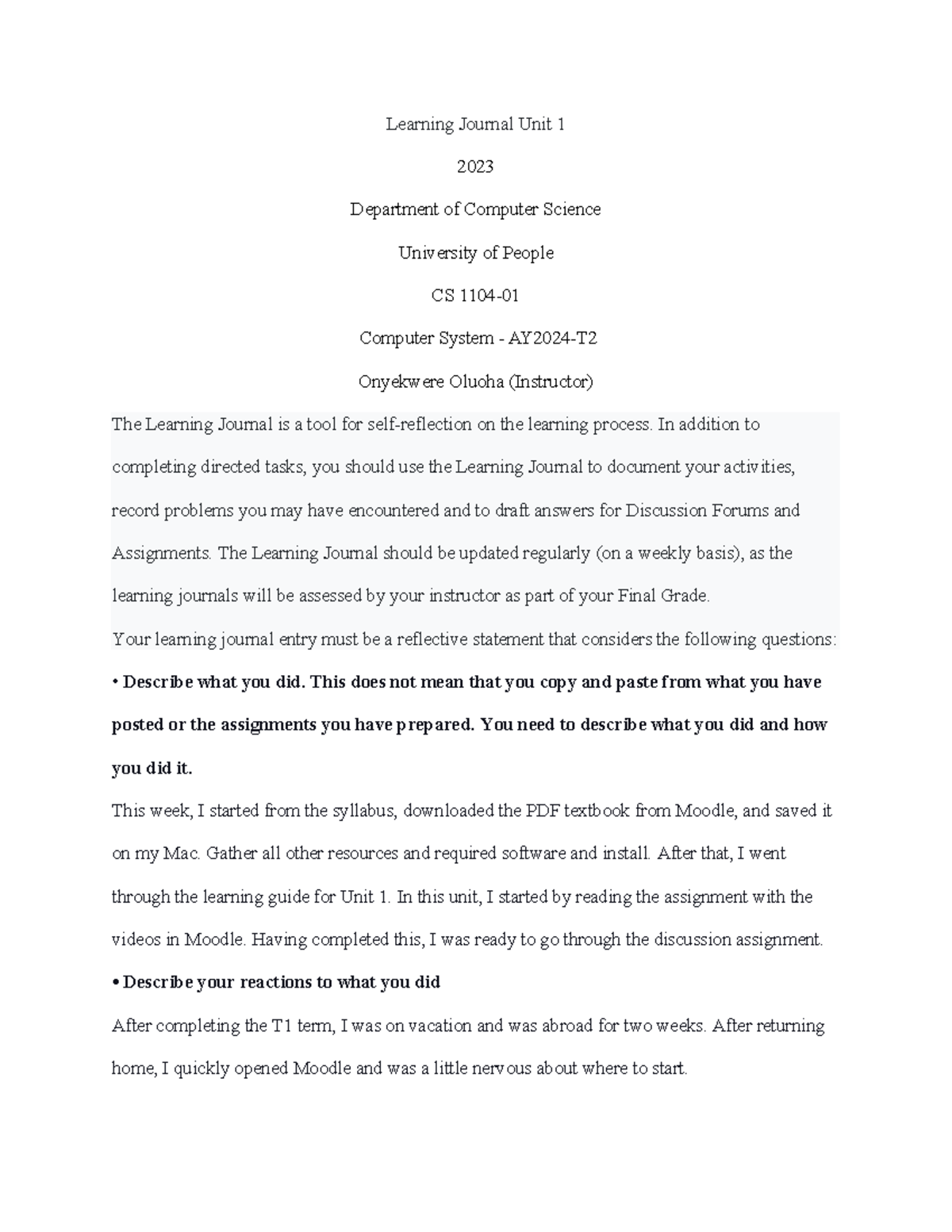 Learning Journal Unit 1 In Addition To Completing Directed Tasks You Should Use The Learning