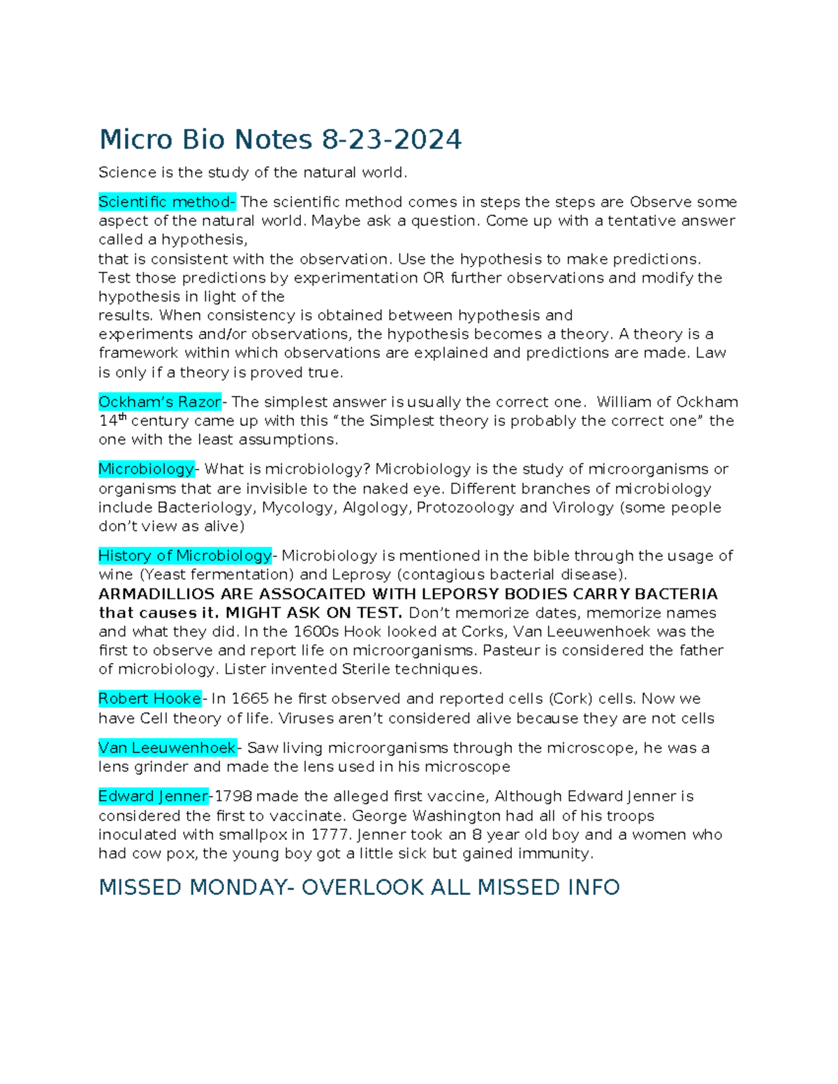 Micro Bio Notes Fall - Micro Bio Notes 8-23- Science is the study of ...