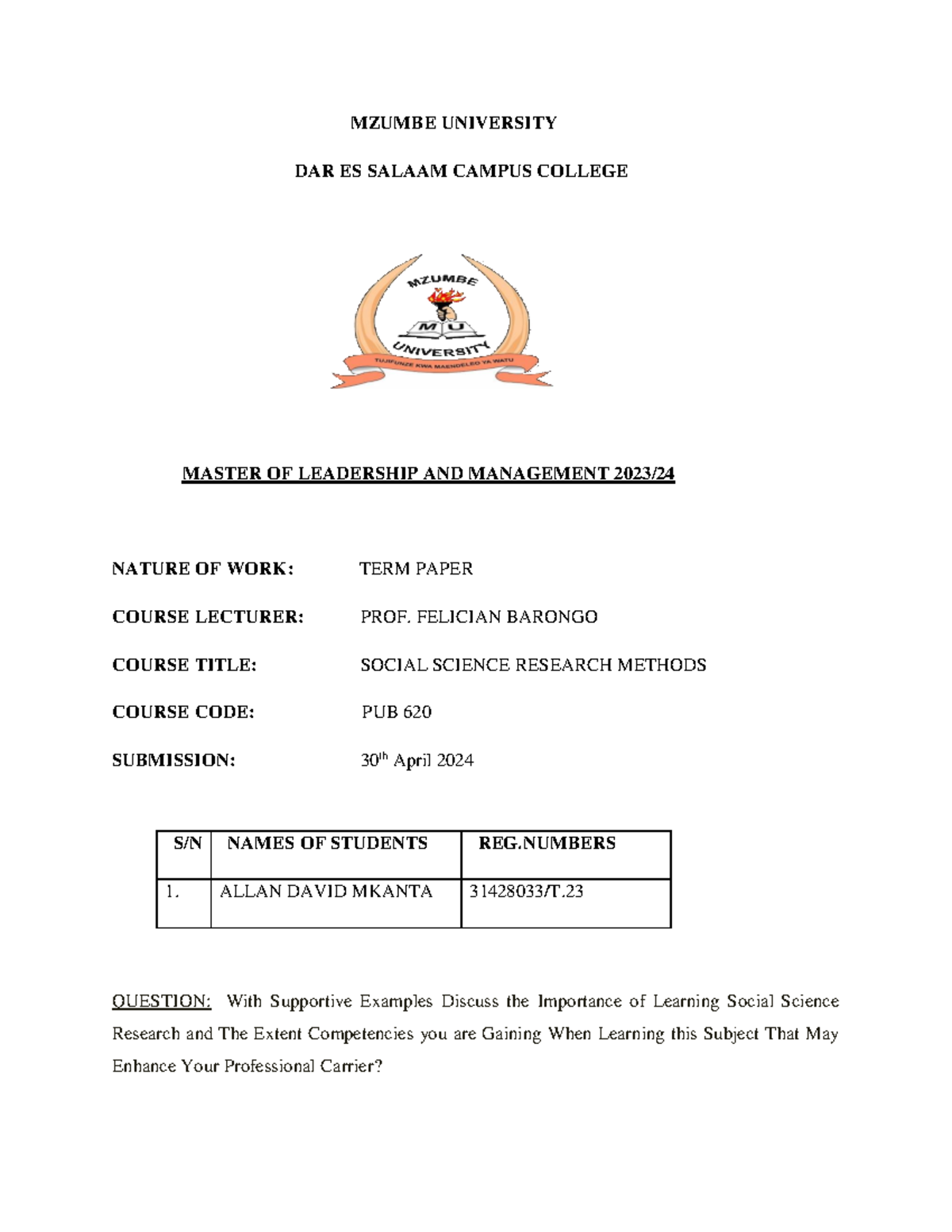 Social Science Research - MZUMBE UNIVERSITY DAR ES SALAAM CAMPUS ...