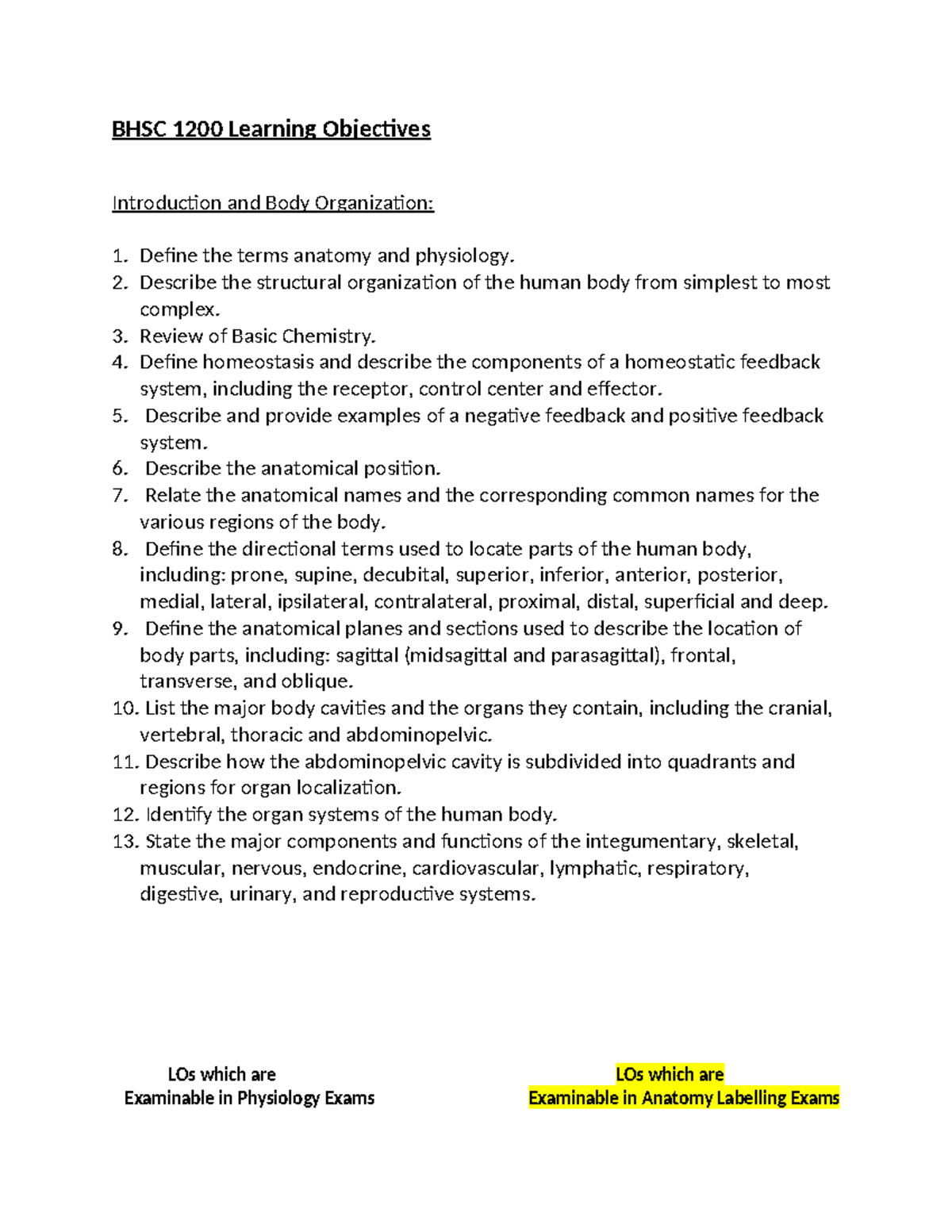 BHSC 1200 LOs by Category - BHSC 1200 Learning Objectives Introduction ...