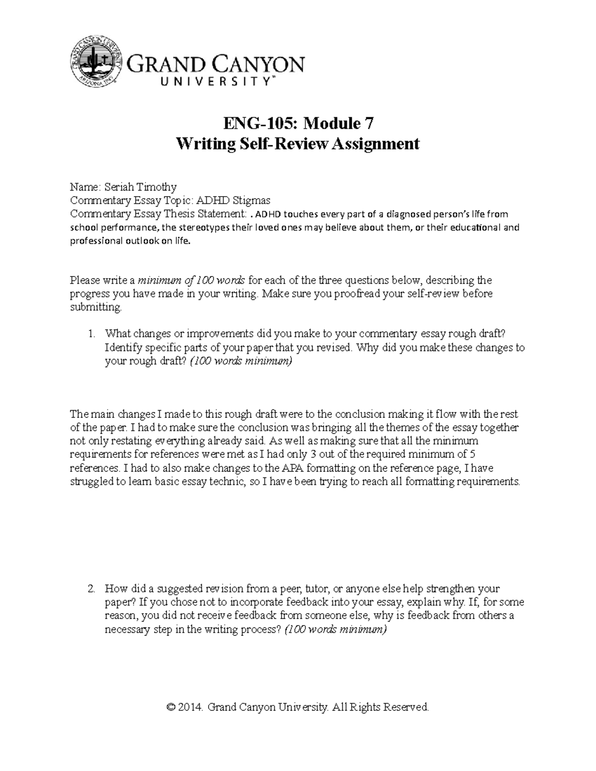 ENG105 Self Review Assignment - ENG-105: Module 7 Writing Self-Review ...