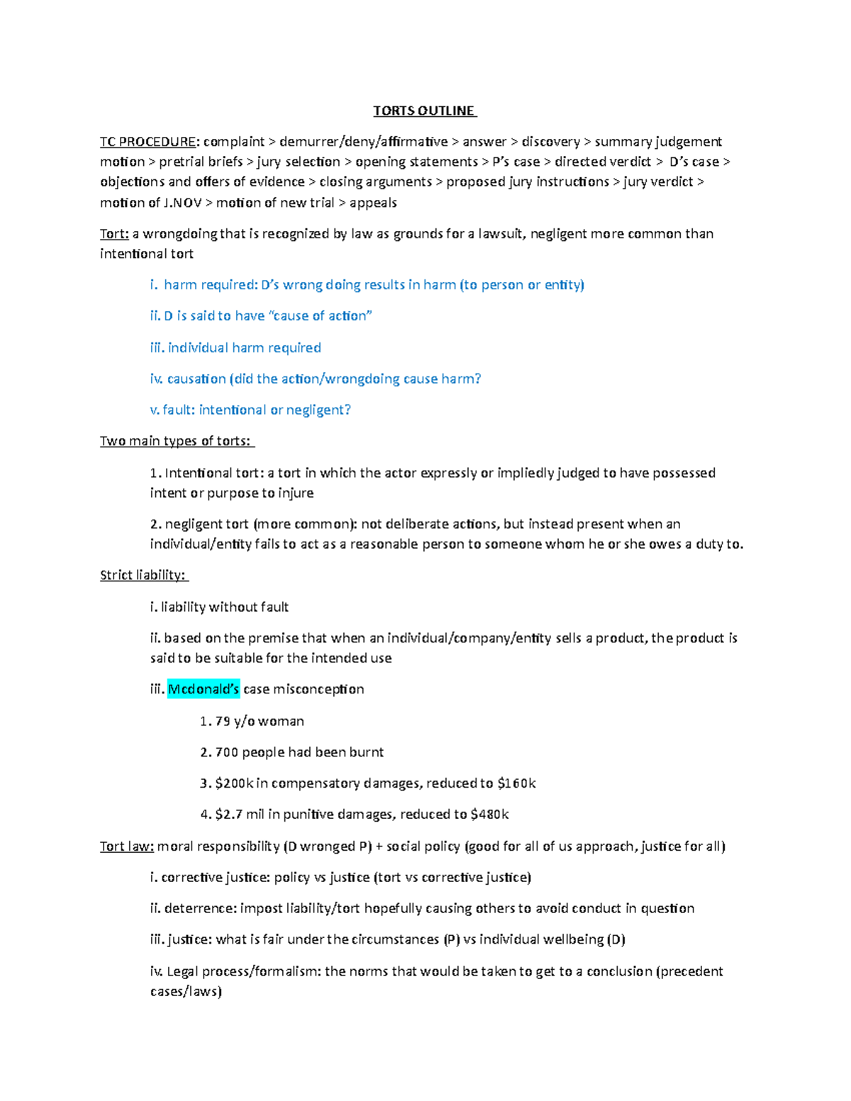 Torts Outline copy - TORTS OUTLINE TC PROCEDURE: complaint > demurrer ...