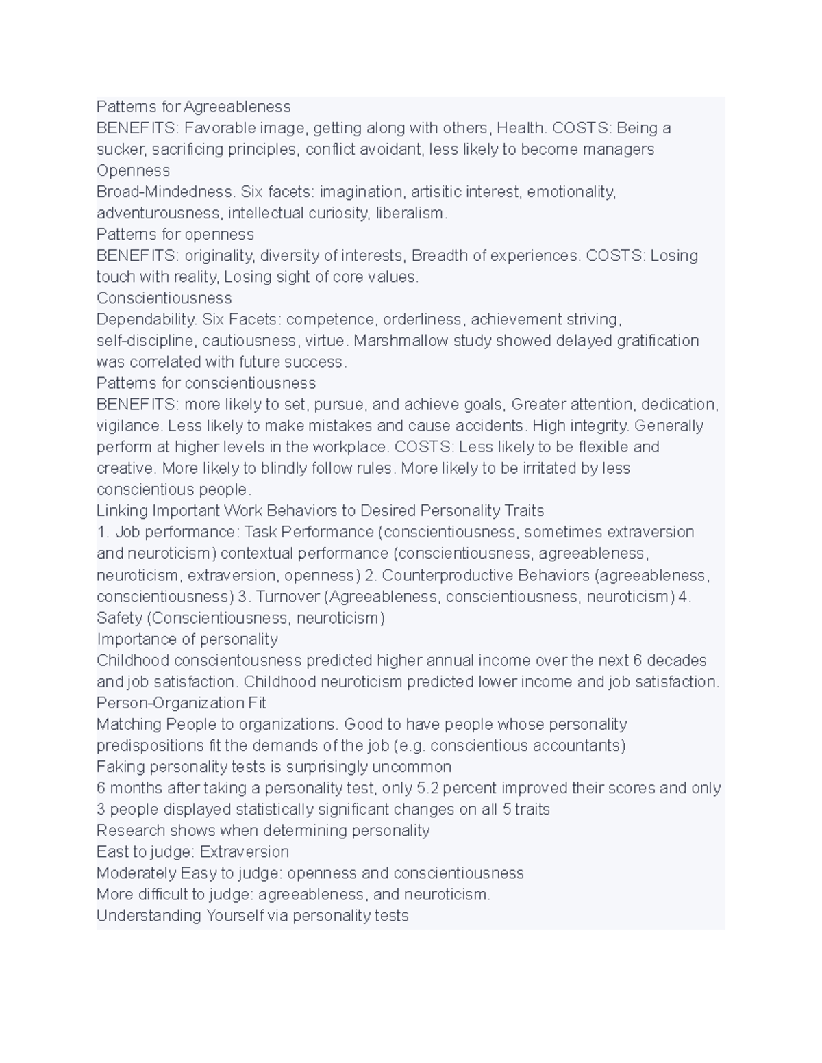 Busi 405 (26) - lecture notes - Patterns for Agreeableness BENEFITS ...