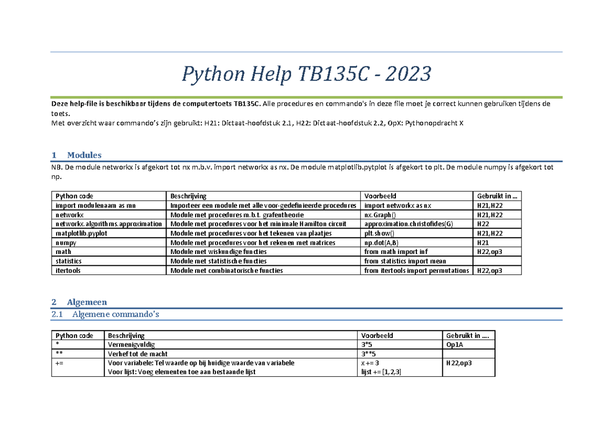 Python info computertoets - Python Help TB135C - 2023 Deze help-file is ...
