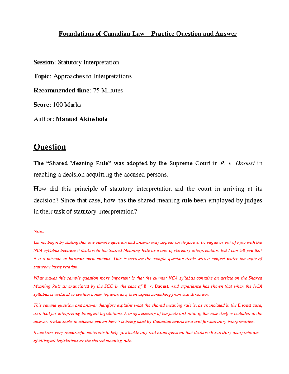 Ans 3 - notes - Foundations of Canadian Law – Practice Question and ...