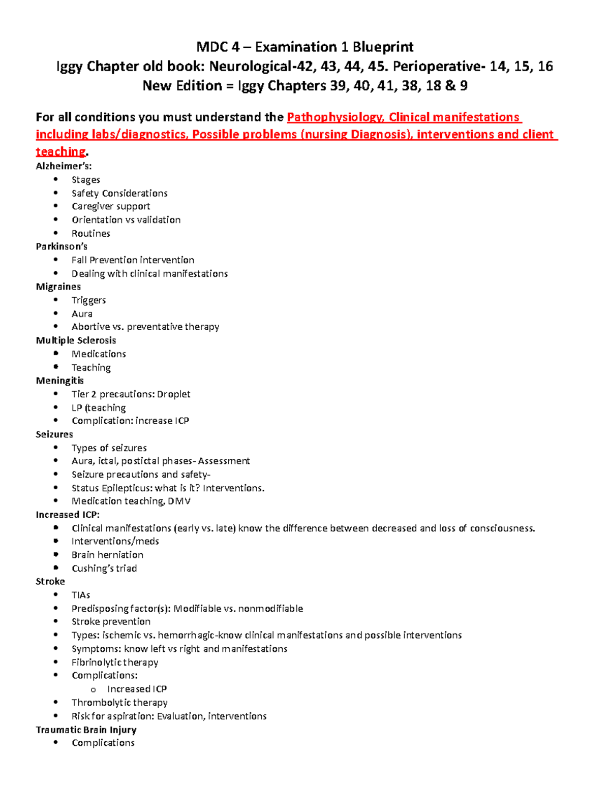 Exam 1 Study Guide - MDC 4 – Examination 1 Blueprint Iggy Chapter old ...
