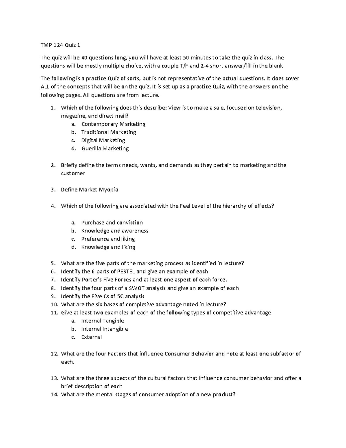 TMP 124 Quiz 1 Study Guide - TMP 124 Quiz 1 The quiz will be 40 ...