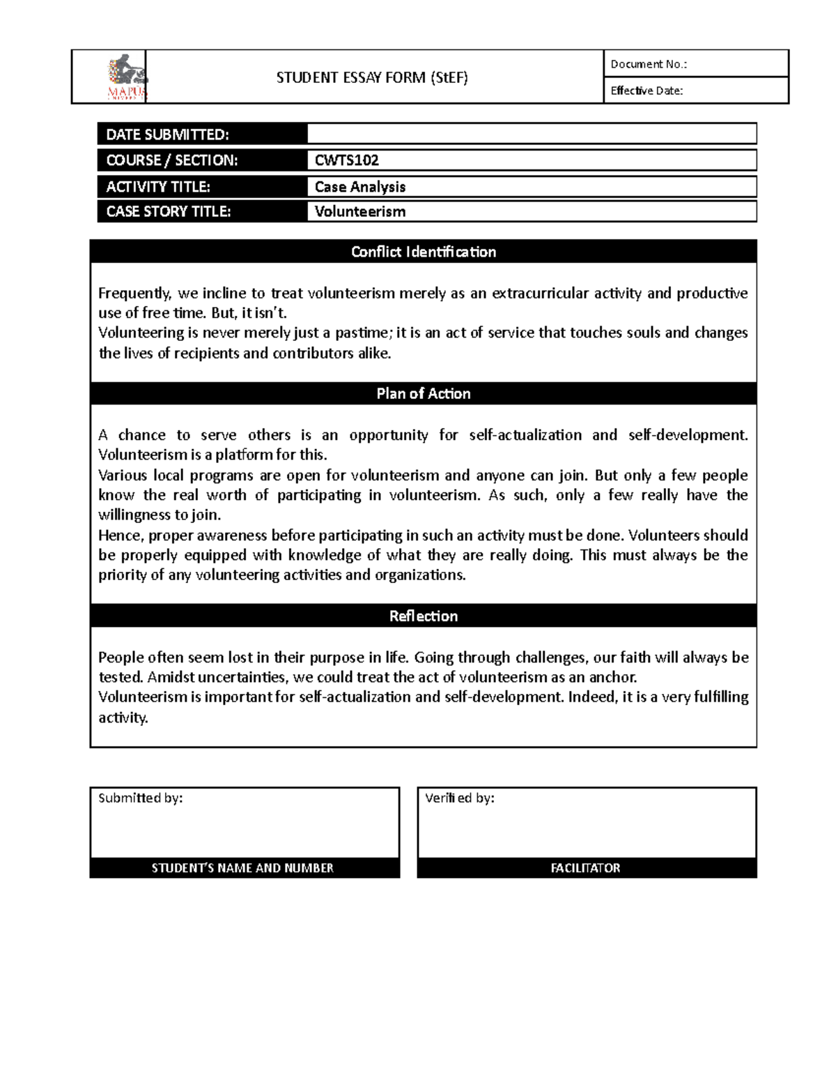 Form - Case analysis Essay Volunteerism - STUDENT ESSAY FORM (StEF ...