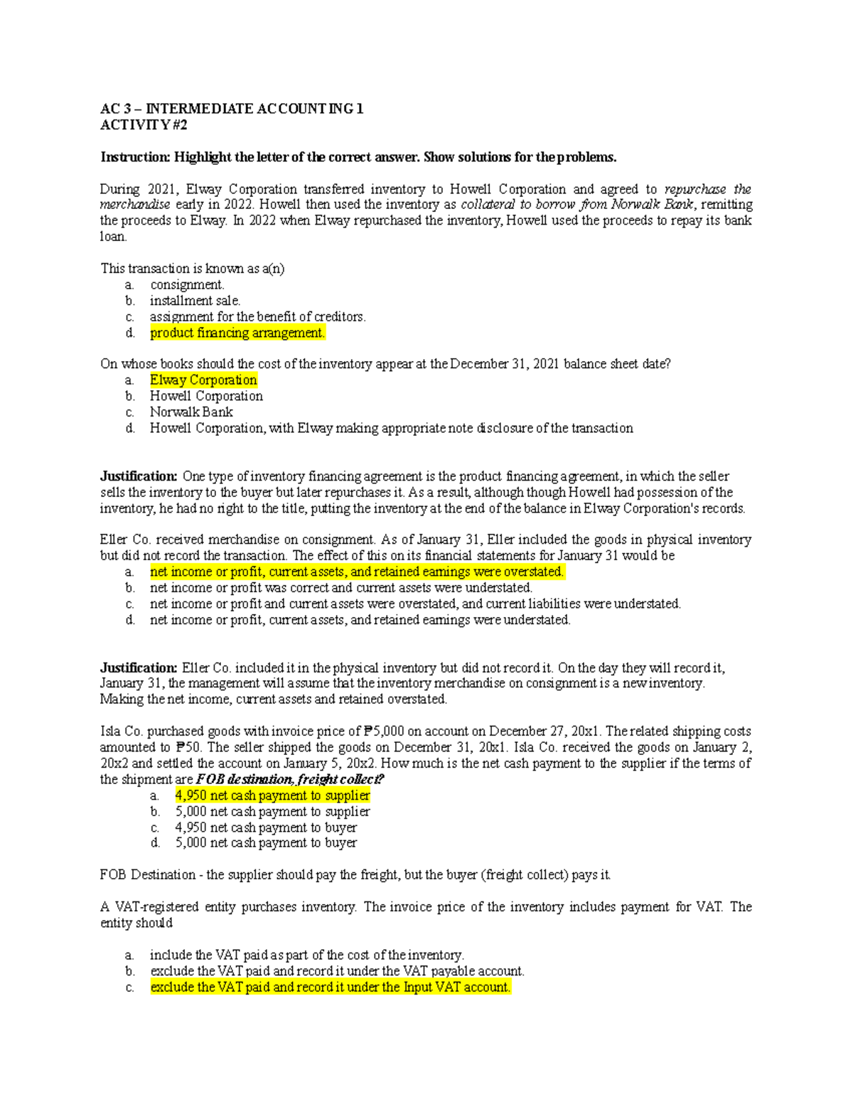 AC3 - Activity Inventories - AC 3 – INTERMEDIATE ACCOUNTING 1 ACTIVITY Instruction: Highlight ...