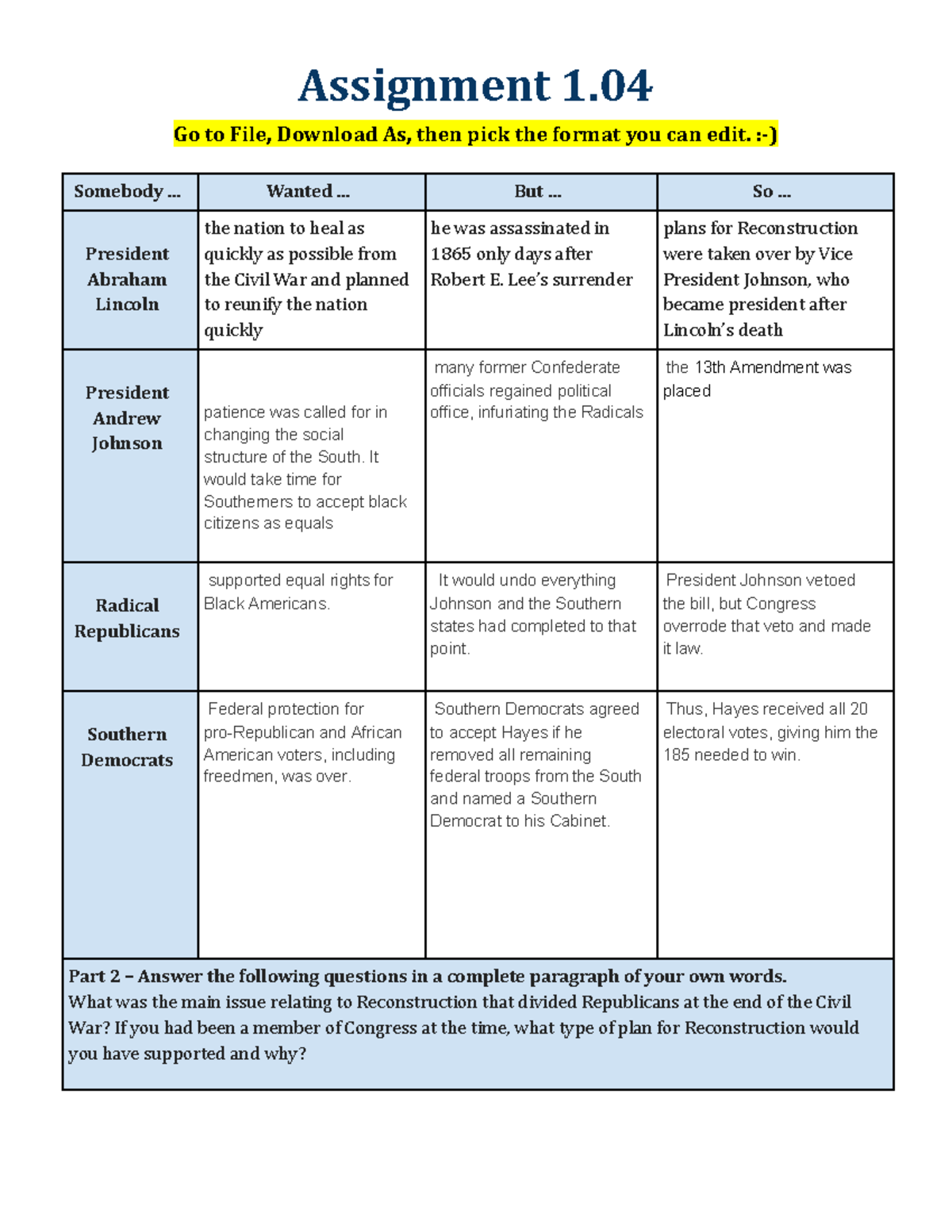 Copy of USH 1 - history work - Assignment 1. Go to File, Download As ...