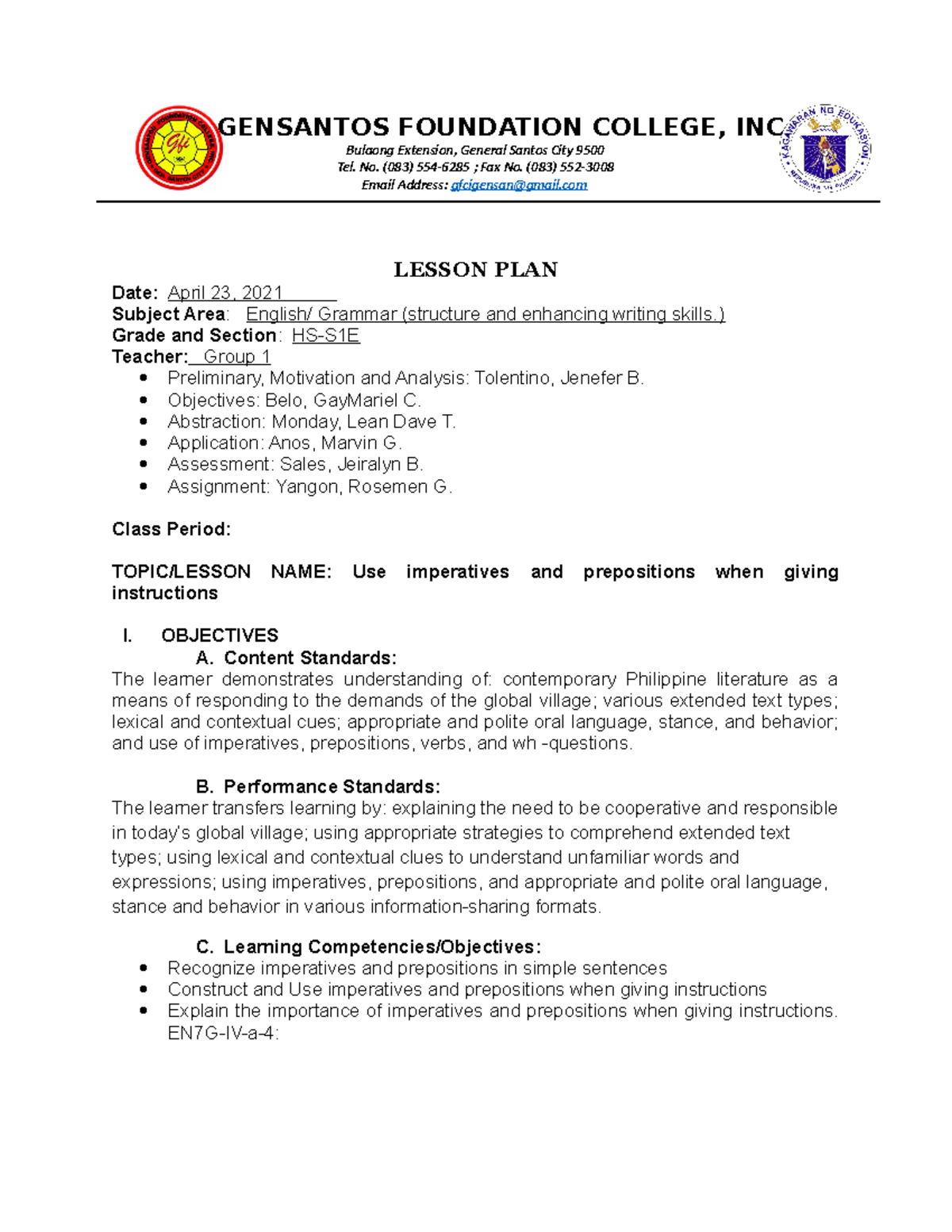 Group 1-LP-1 - Grade 10 Lesson Plan about "Use imperatives and ...