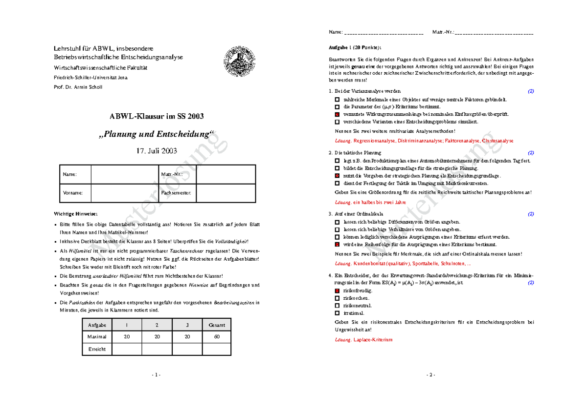 Probeklausur Sommersemester 2016, Fragen und Antworten - Name ...
