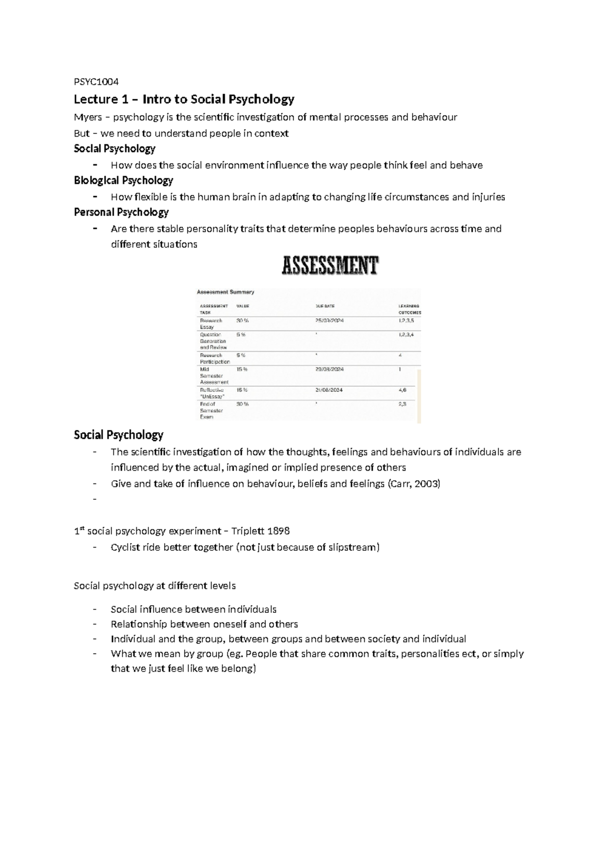 Social Psychology Lecture Notes - PSYC Lecture 1 – Intro to Social ...