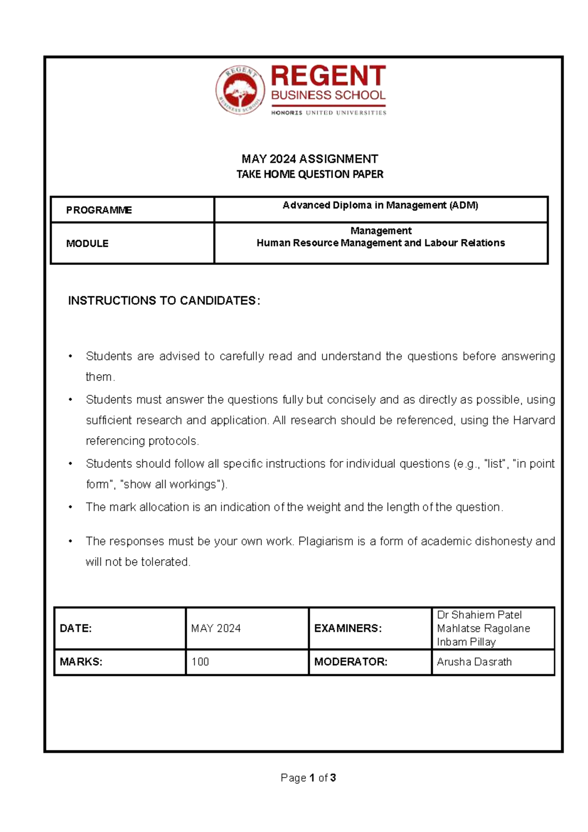 ADM Management HR AND LR 2024 - Page 1 of 3 MAY 2024 ASSIGNMENT TAKE ...