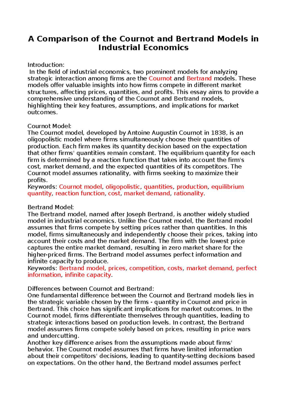 Cournot VS. Bertrand - A Comparison of the Cournot and Bertrand Models in Industrial Economics ...