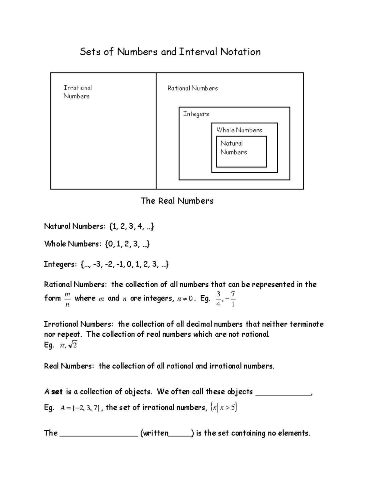 Week 1-1- Number Sets and Interval Notation (Blank) - Sets of Numbers and Interval Notation ...