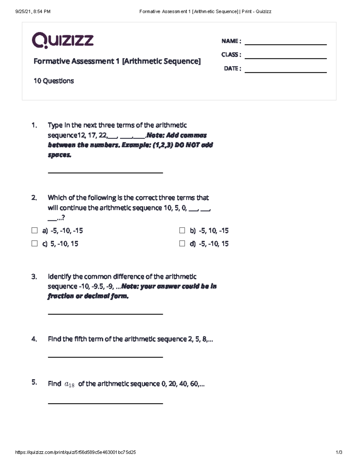 MTA Review 1 [Arithmetic Sequence] - 9/25/21, 8:54 PM Formative ...