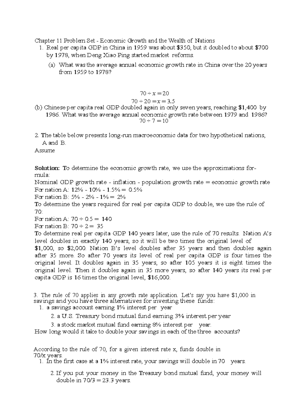 Chapter 11 Problem Set - Chapter 11 Problem Set - Economic Growth and ...