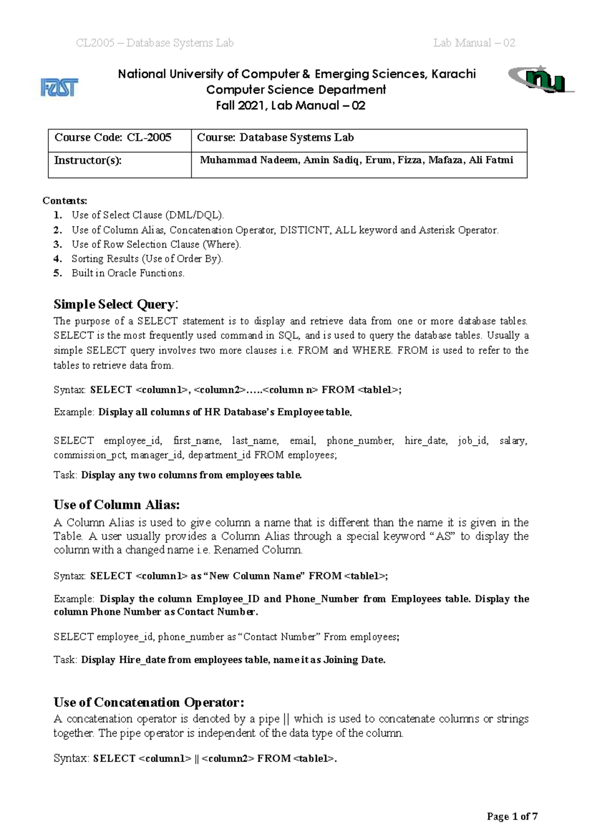 Lab Manual-02 - It is about the basic sql queries Contents: 1. Use of ...