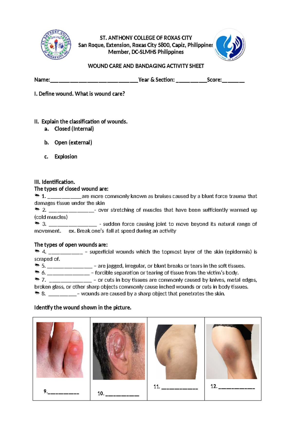 Wound-care-activity - ST. ANTHONY COLLEGE OF ROXAS CITY San Roque ...