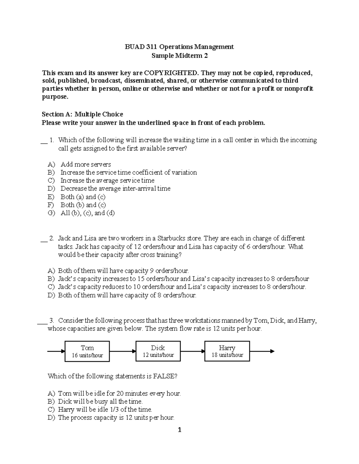 BUAD 311 Sample Midterm 2 - BUAD 311 Operations Management Sample Midterm 2 This exam and its ...