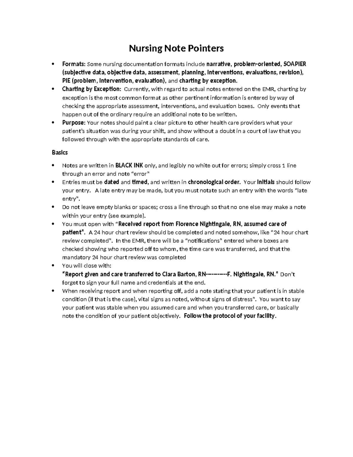 Nursing Note Pointers (1) - Nursing Note Pointers Formats: Some nursing ...