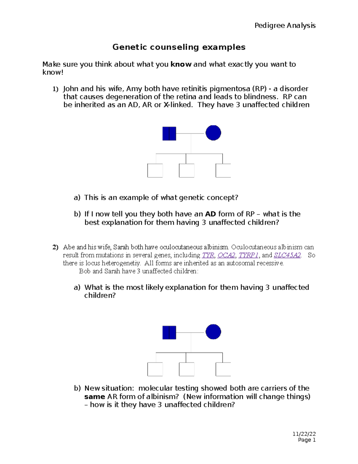 Mendelian genetics Pedigree analysis problems handout - Genetic ...