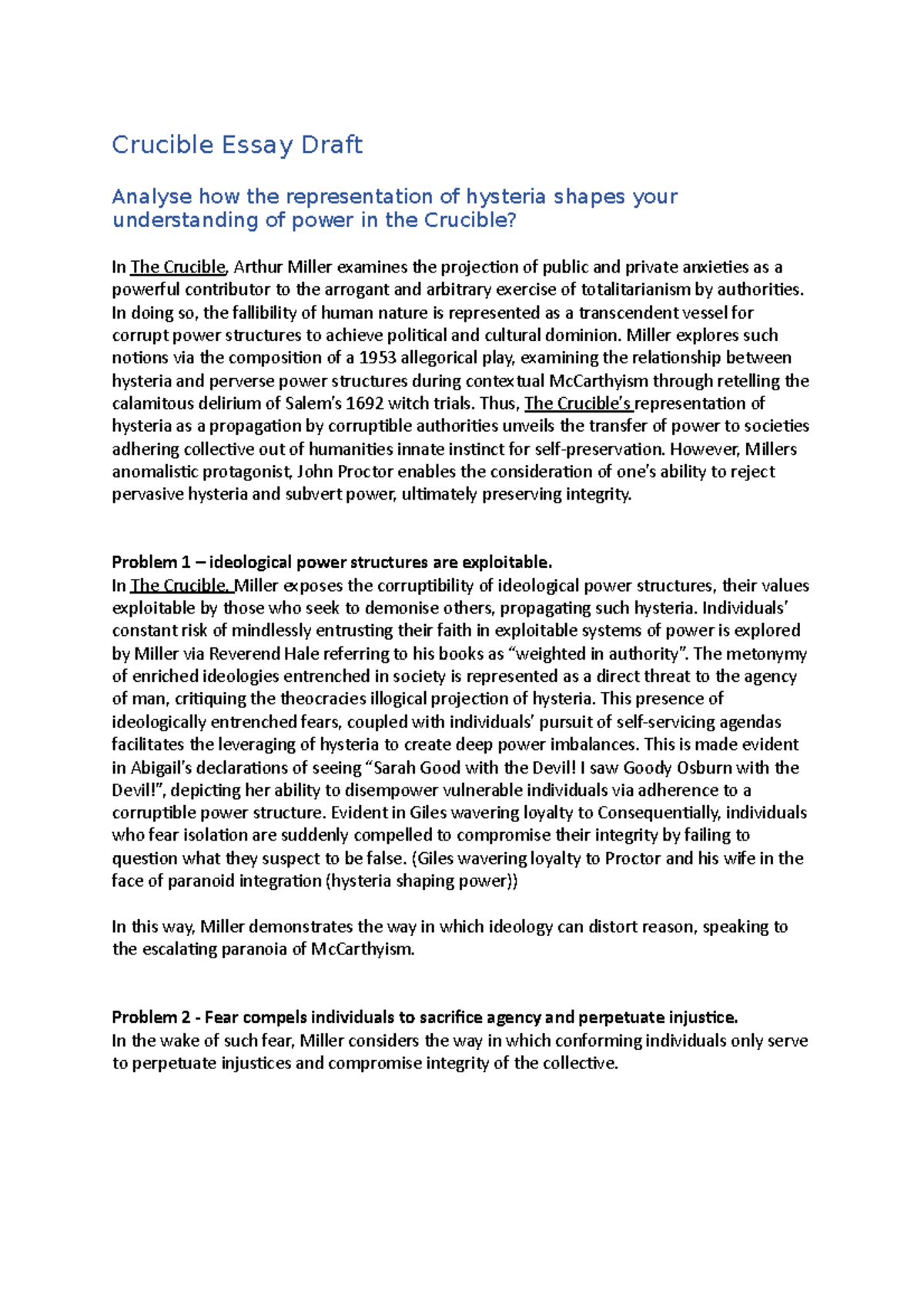 Crucible Essay Draft - Epic - Crucible Essay Draft Analyse how the ...