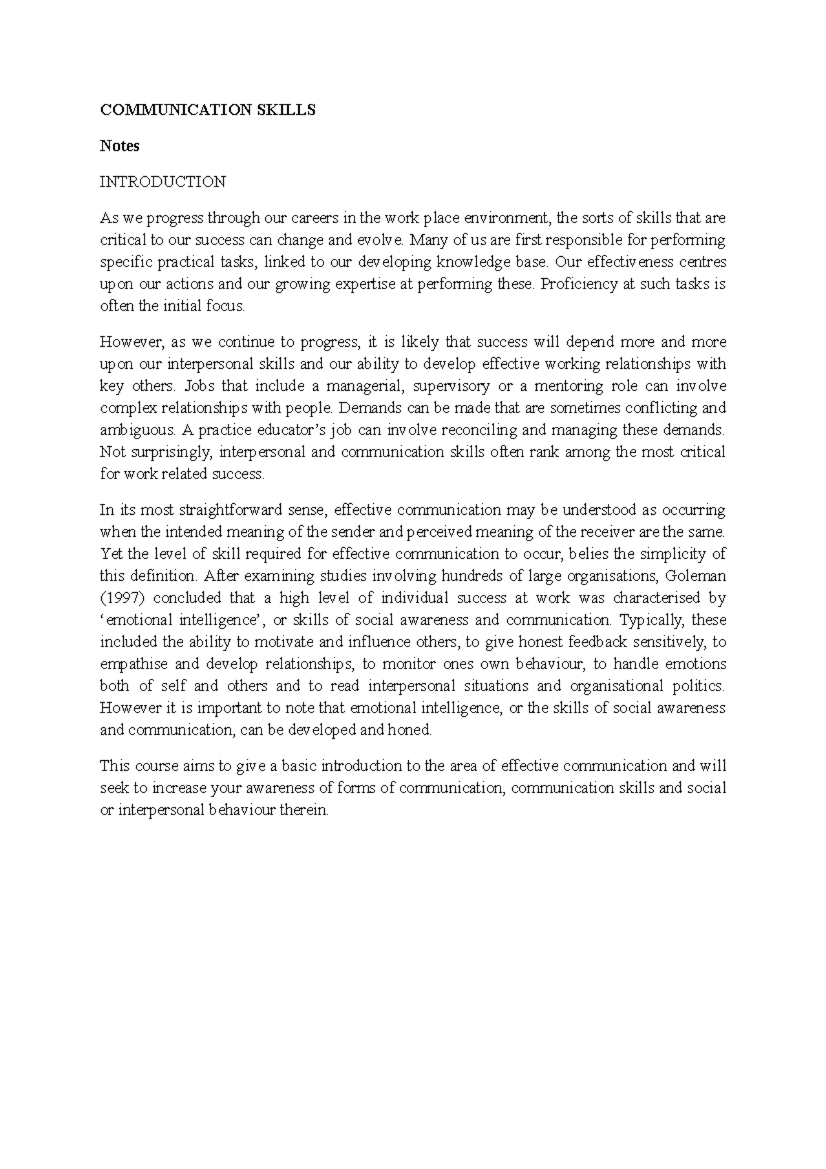 Communication Skills Notes - COMMUNICATION SKILLS Notes INTRODUCTION As ...