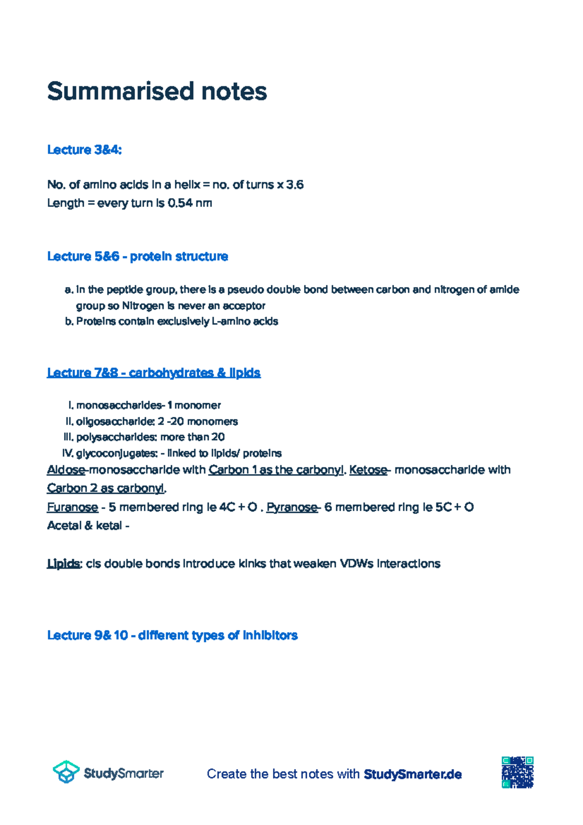 Summarised notes-biochem first year - Summarised notes Lecture 3& 4 ...