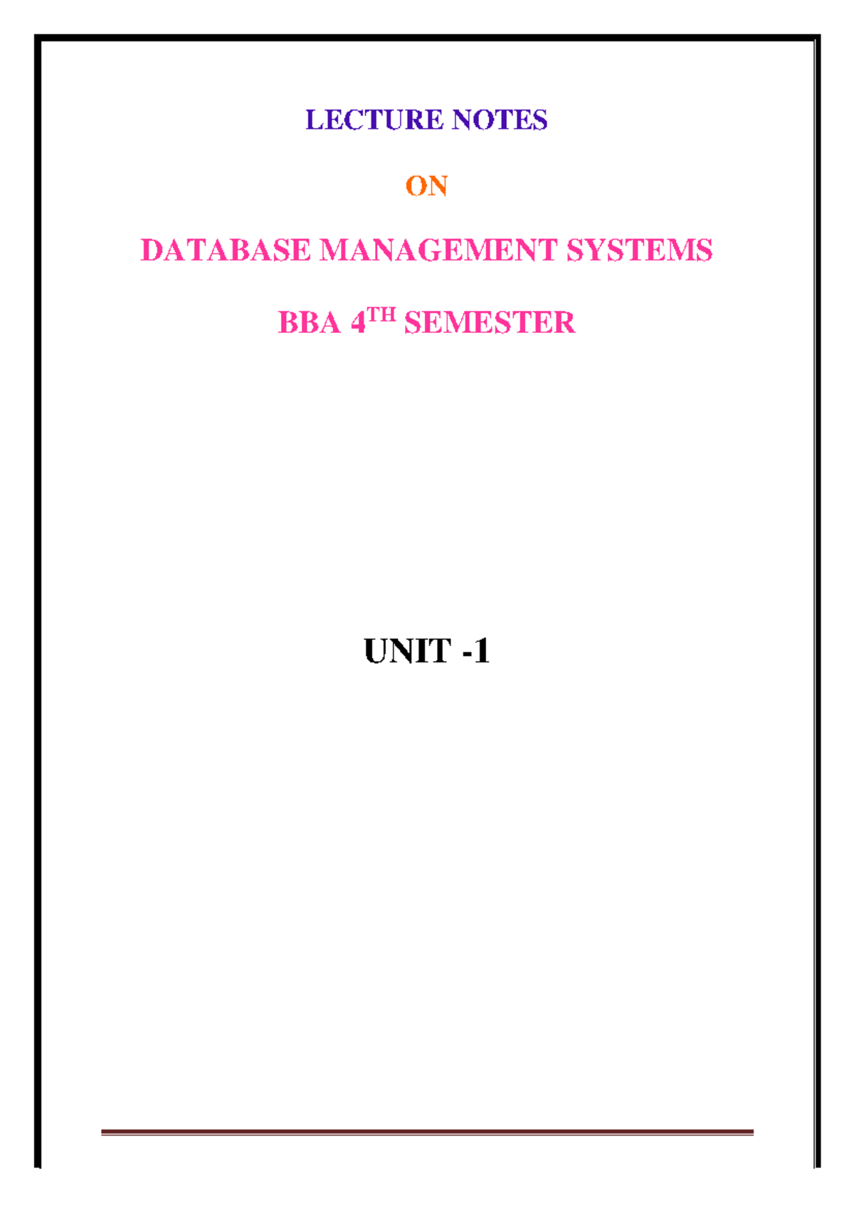Dbms Bba 4th Lecture Notes On Database Management Systems Bba 4 Th