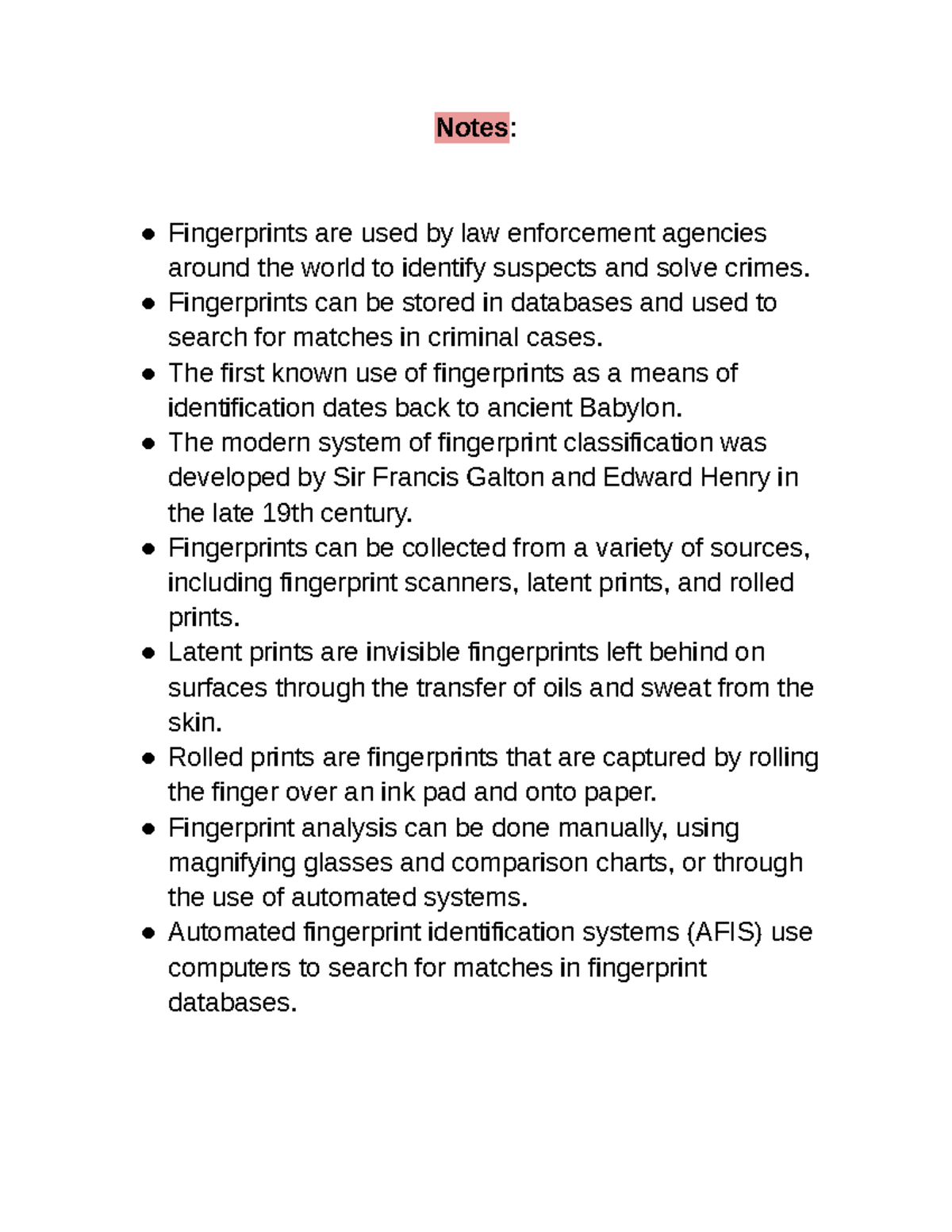 Forensics about fingerprints - Google Docs - Notes: Fingerprints are ...