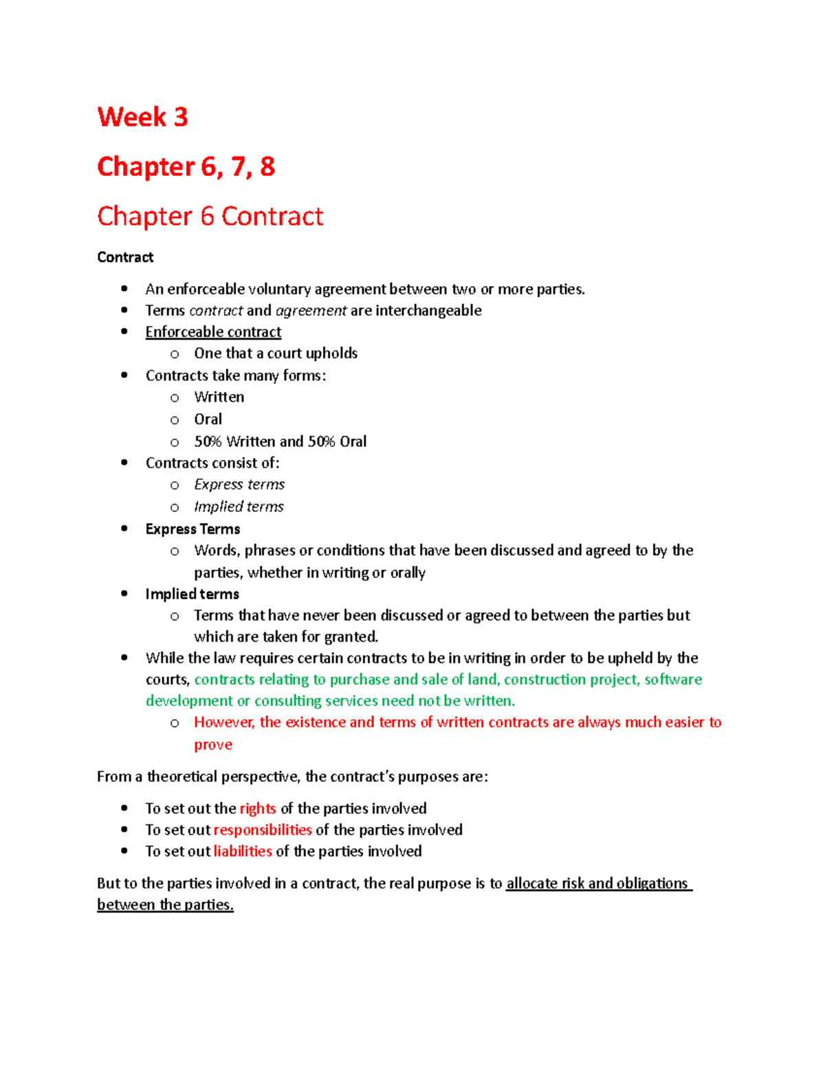 WEEK 3 Chapter 6 Contract - Week 3 Chapter 6, 7, 8 Chapter 6 Contract Contract An enforceable ...