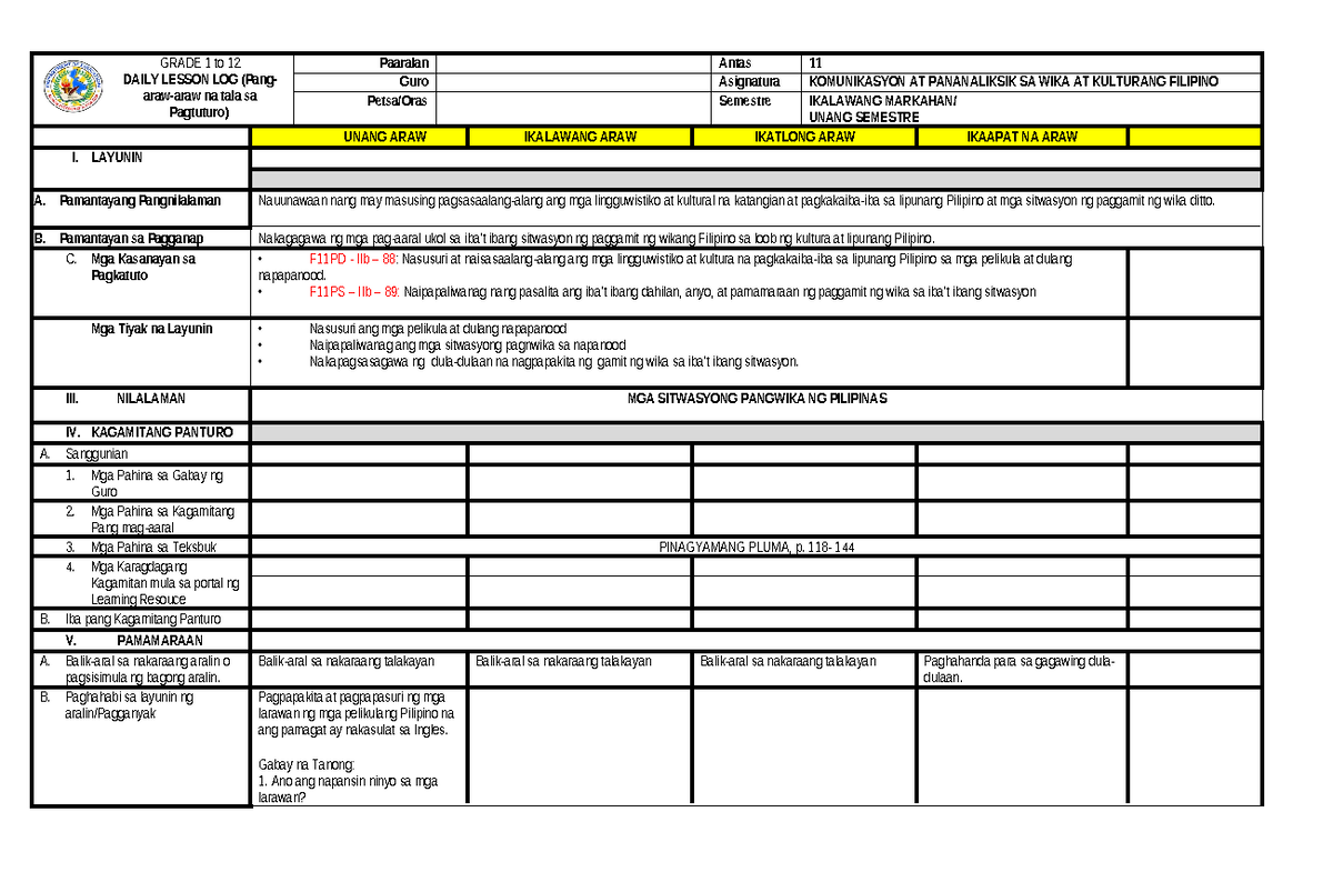 WEEK 2 lesson plan Filipino senior high school hshdvehsnve hsjdb - To ...