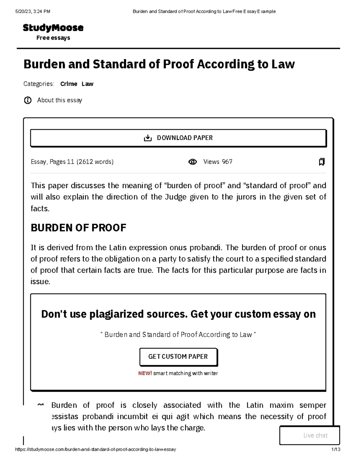 Burden and Standard of Proof According to Law Free Essay Example ...