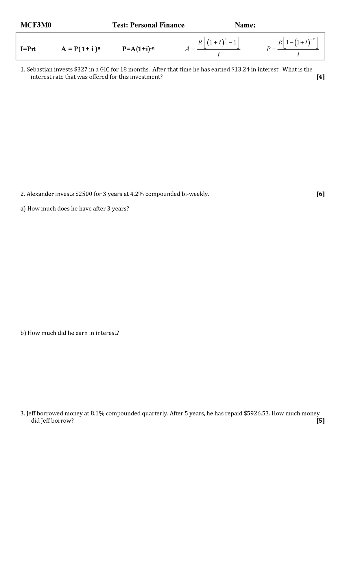 3M-Test Per fin Jun22 - Personal Finance test for MCF3M unit 5 - MCF3M0 ...