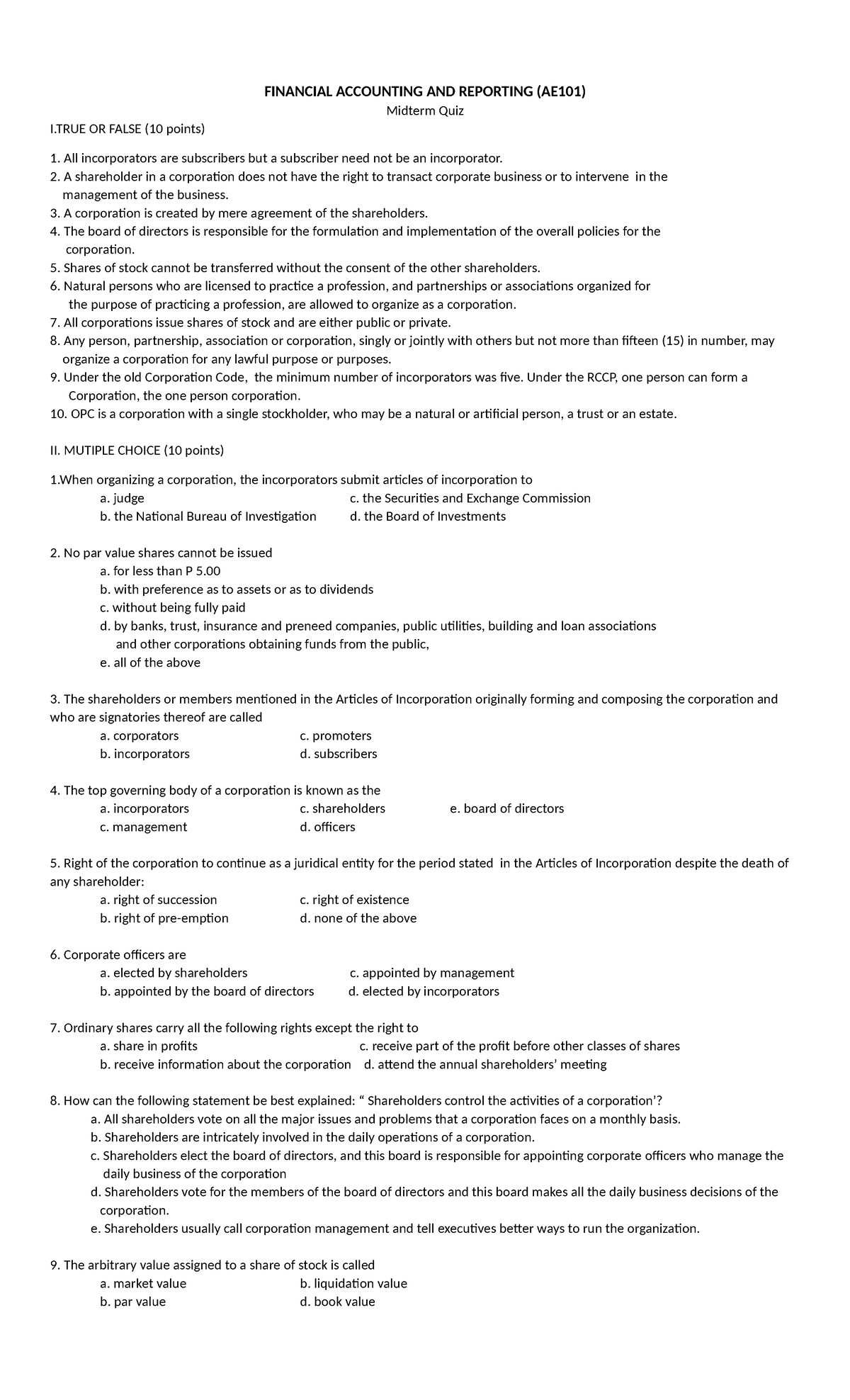 Midterm-Quiz - notes - FINANCIAL ACCOUNTING AND REPORTING (AE101 ...