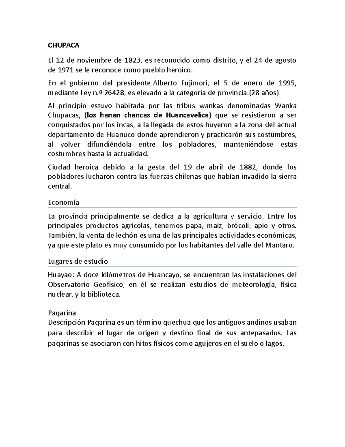 Chupaca - Resumen Farmacologia - CHUPACA El 12 de noviembre de 1823, es ...