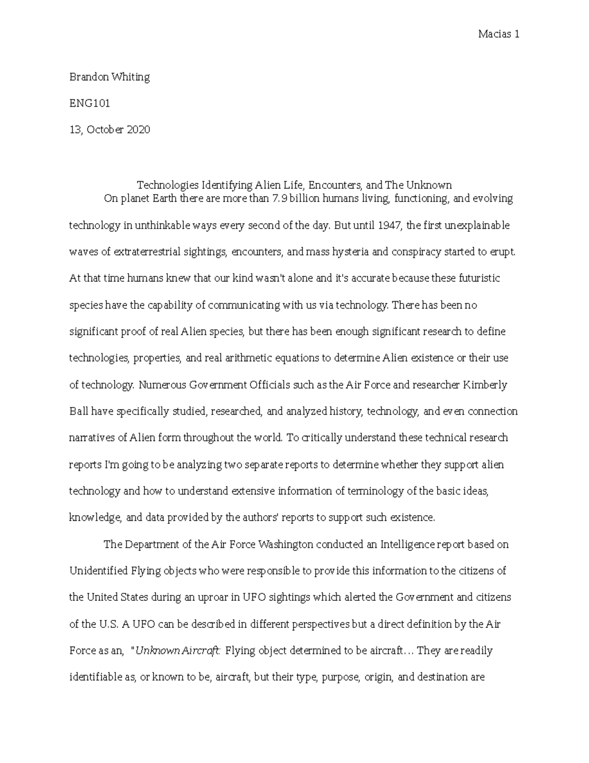 Alien Technology Textual Analysis - Brandon Whiting ENG 13, October ...