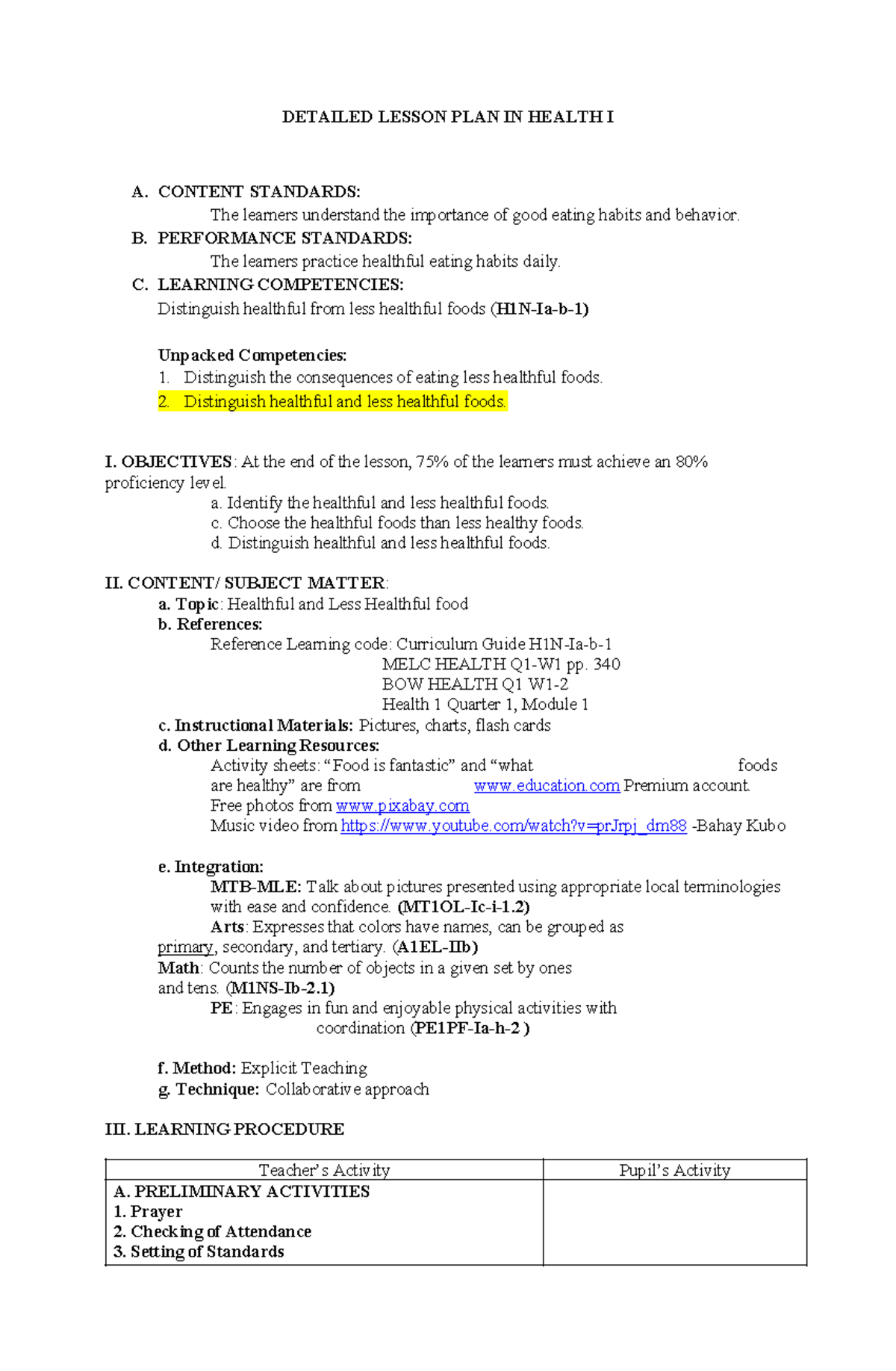 Pdfcoffee - DETAILED LESSON PLAN IN HEALTH I A. CONTENT STANDARDS: The ...
