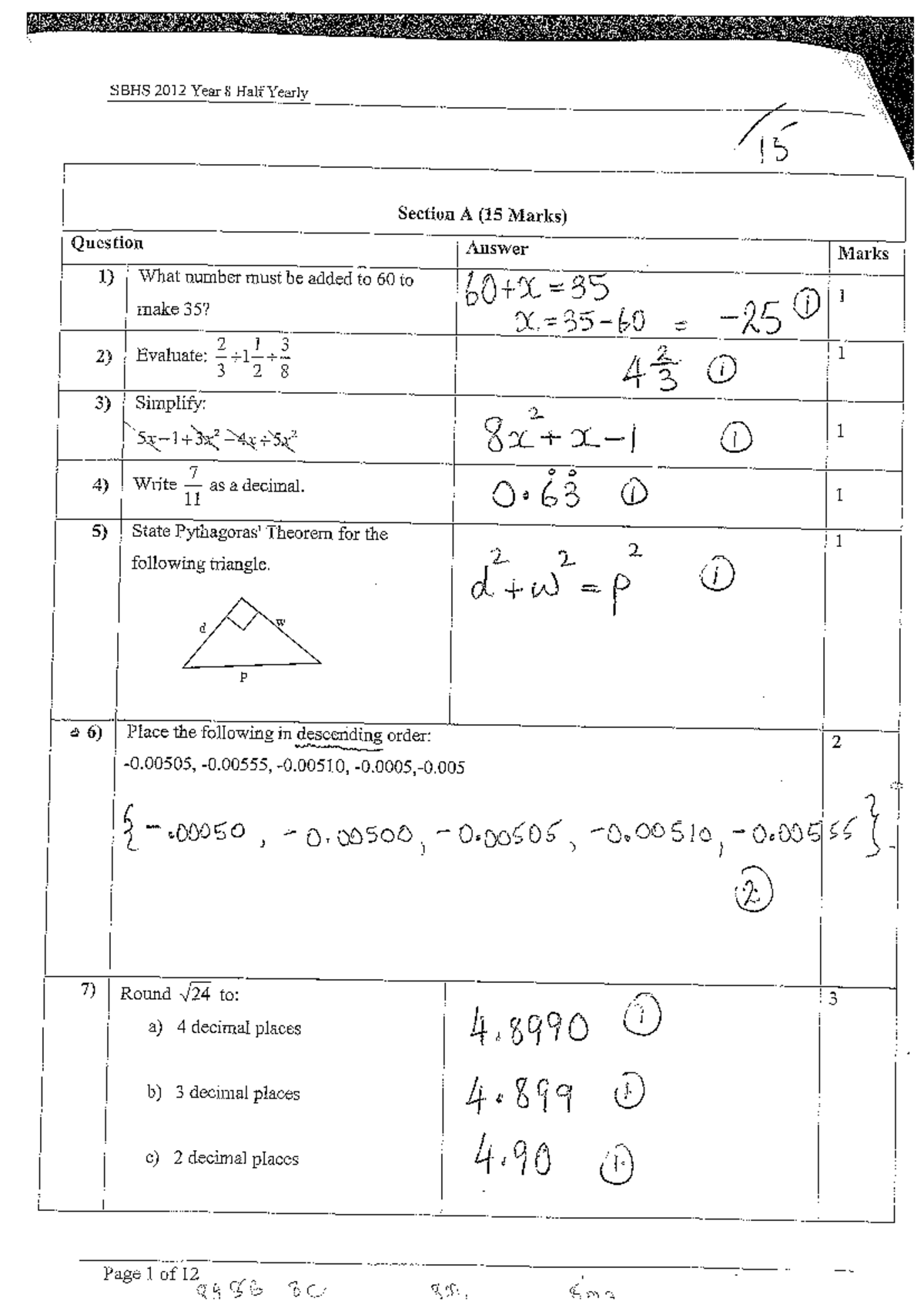 SBHS 2012 Y8 HY SOL - past paper - Studocu