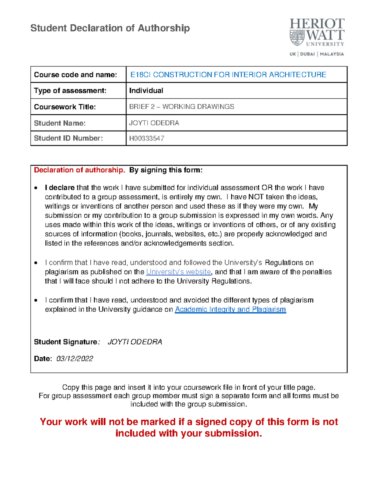 Working Drawings Package Elliot House - Student Declaration of ...