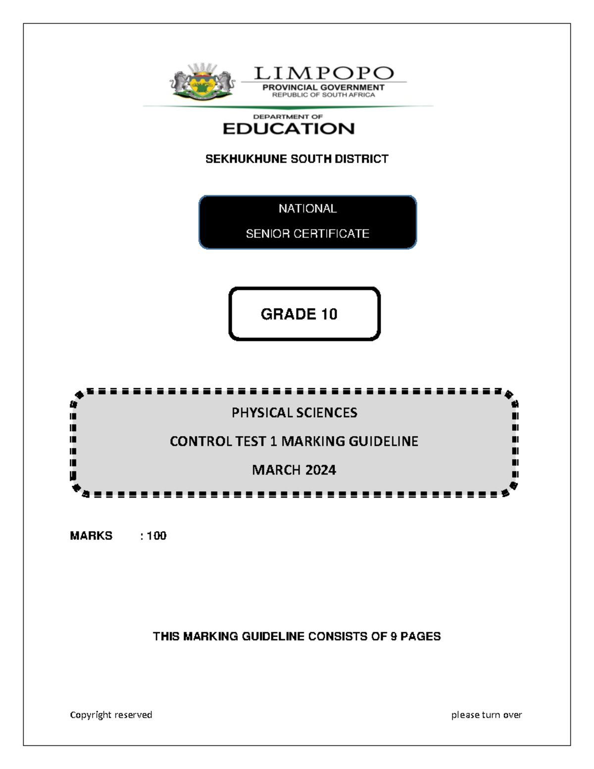 Control TEST 1 Memorandum 2024 Grade 10 PHSC - SEKHUKHUNE SOUTH ...