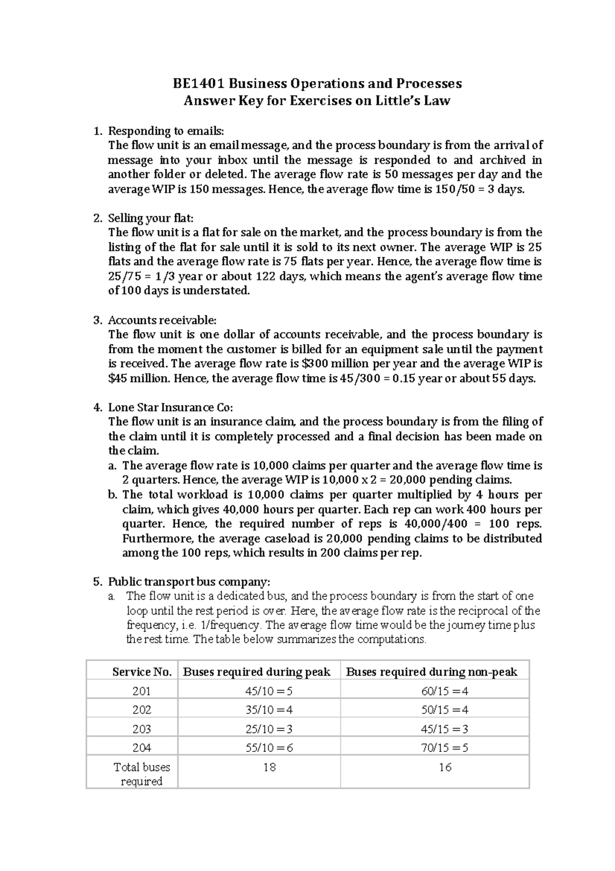 W01 exercises little soln - BE1401 Business Operations and Processes Answer Key for Exercises on ...