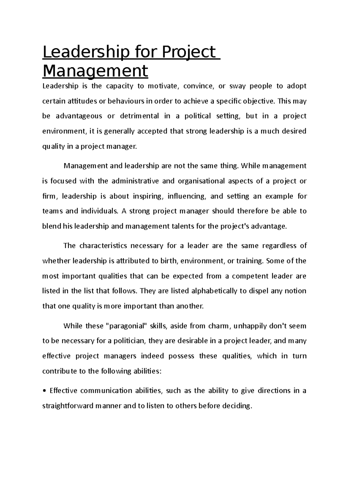 Leadership For Project Management Leadership For Project Management