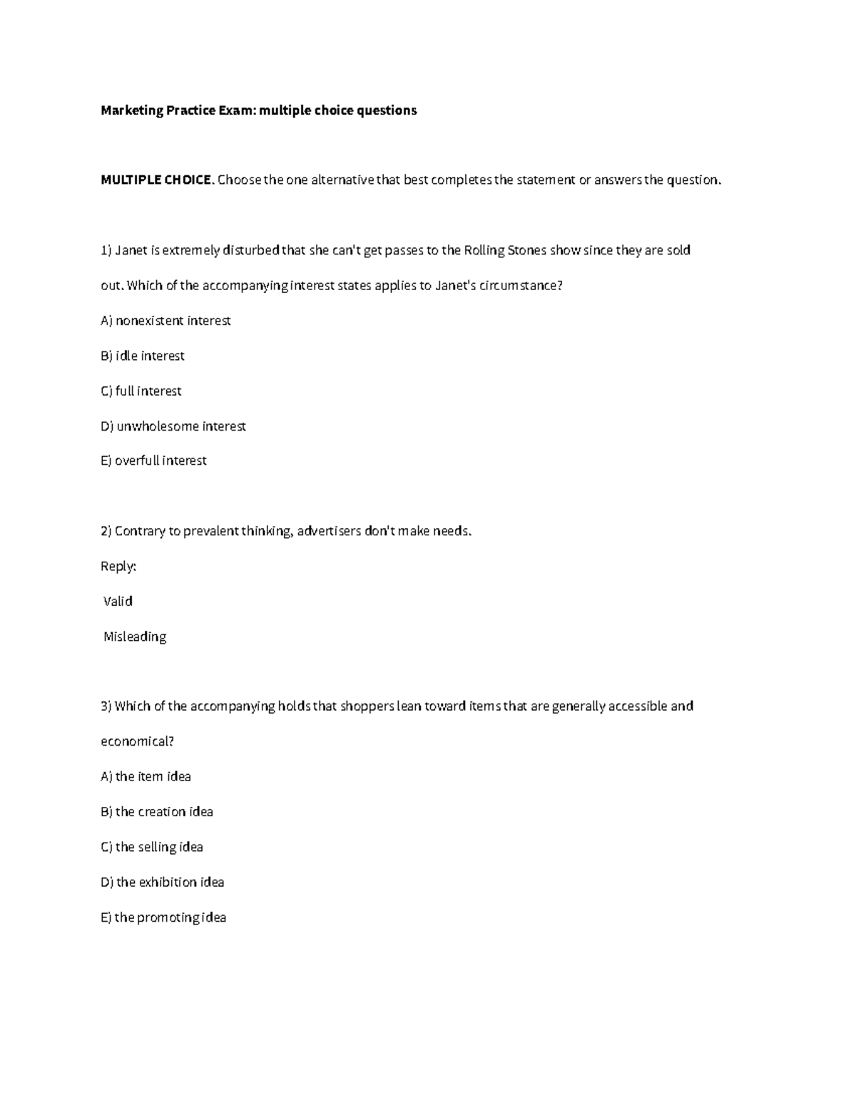 Marketing Practice Exam #1 10multiple choice questions - Marketing ...