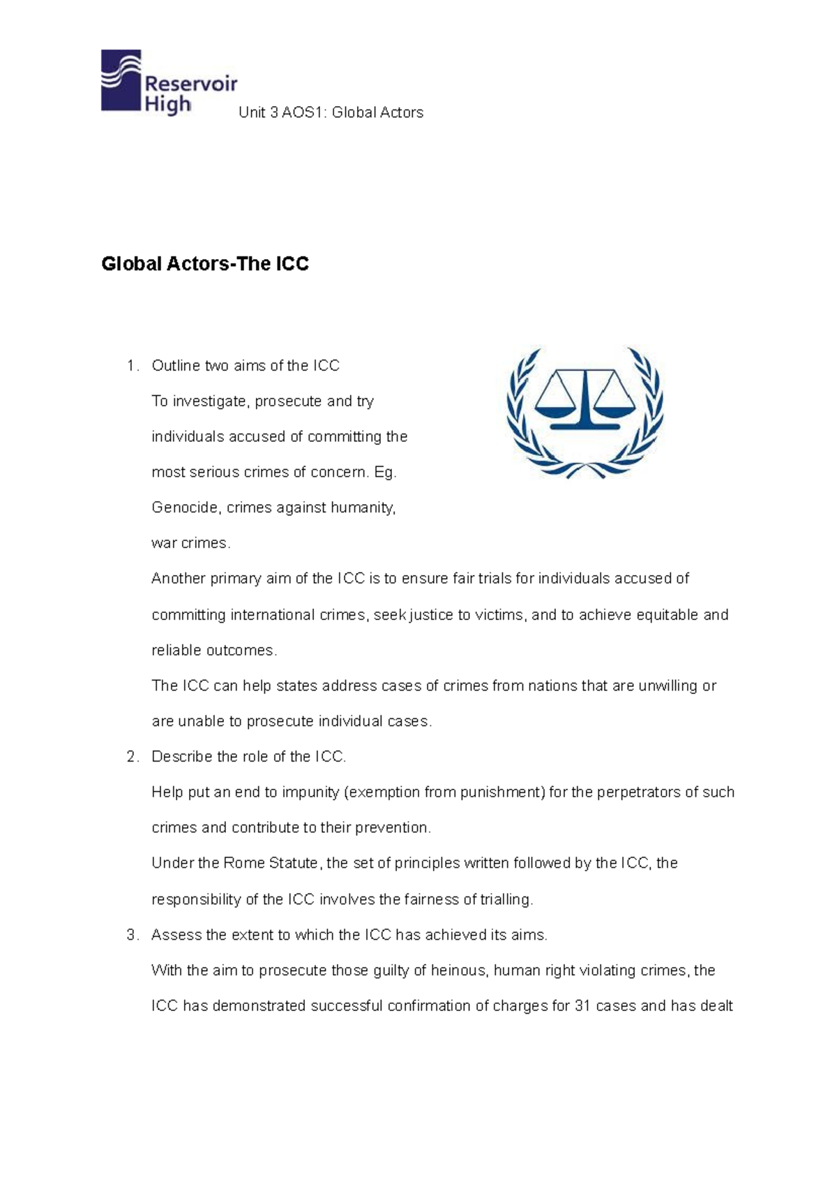 Global Actors-The ICC Research Task - Unit 3 AOS1: Global Actors Global ...